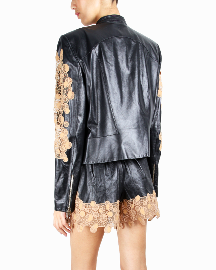 Conjunto Versace Original Couro Renda Preto e Bege Feminina