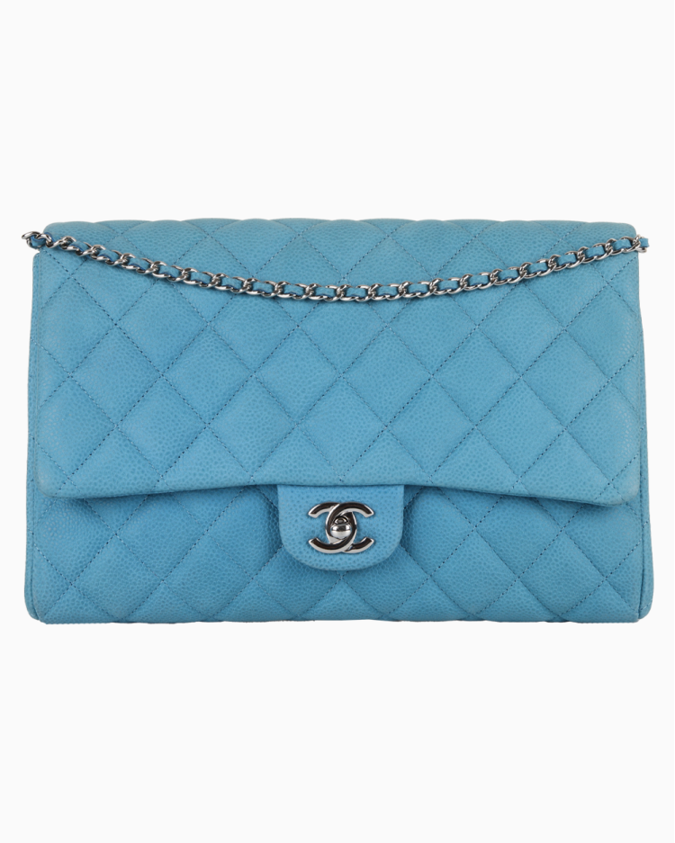 Bolsa Chanel Original Soft Caviar Single Flap Azul Turquesa Feminina