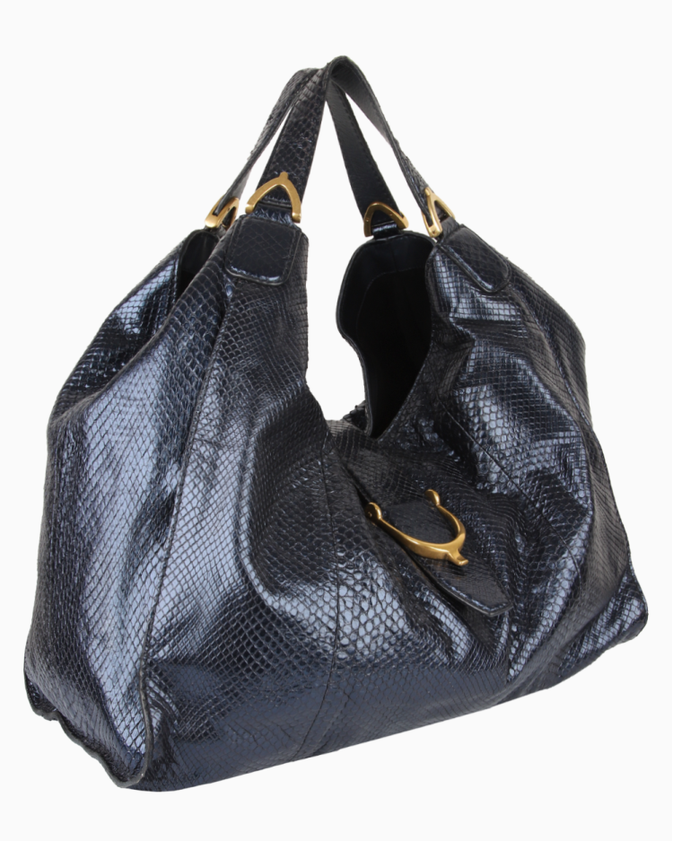 Bolsa Gucci Original Stirrup Python Metalizada Azul Feminina