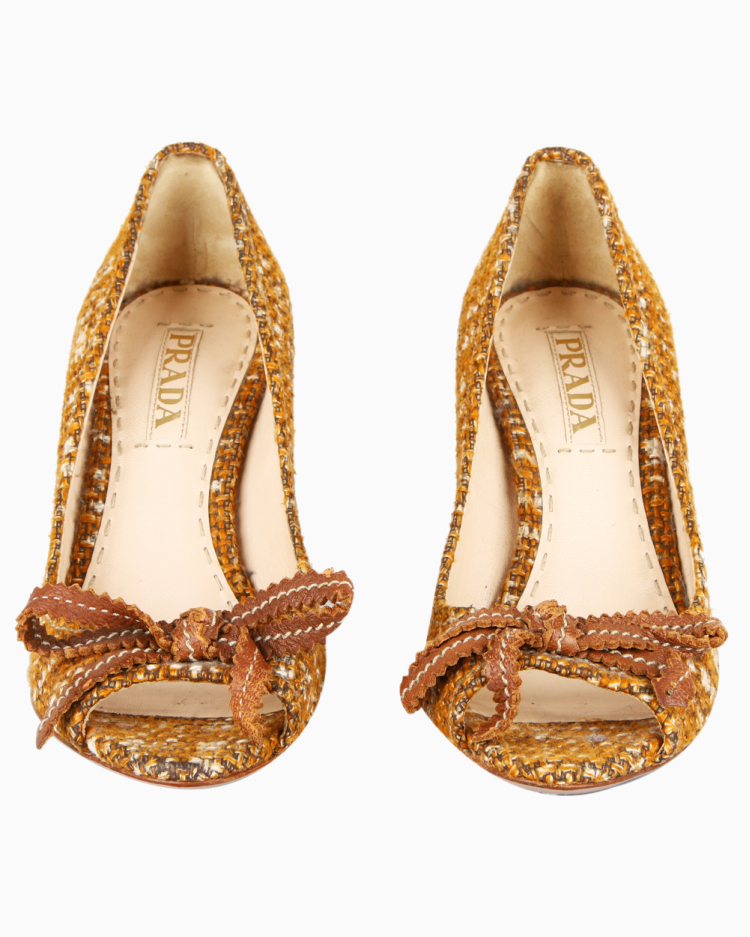 Sapato Prada Original Anabela Vintage Tweed Laranja Feminino