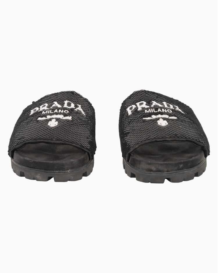 Slide Prada Original Paillettes Sequin Logo Preto Feminino
