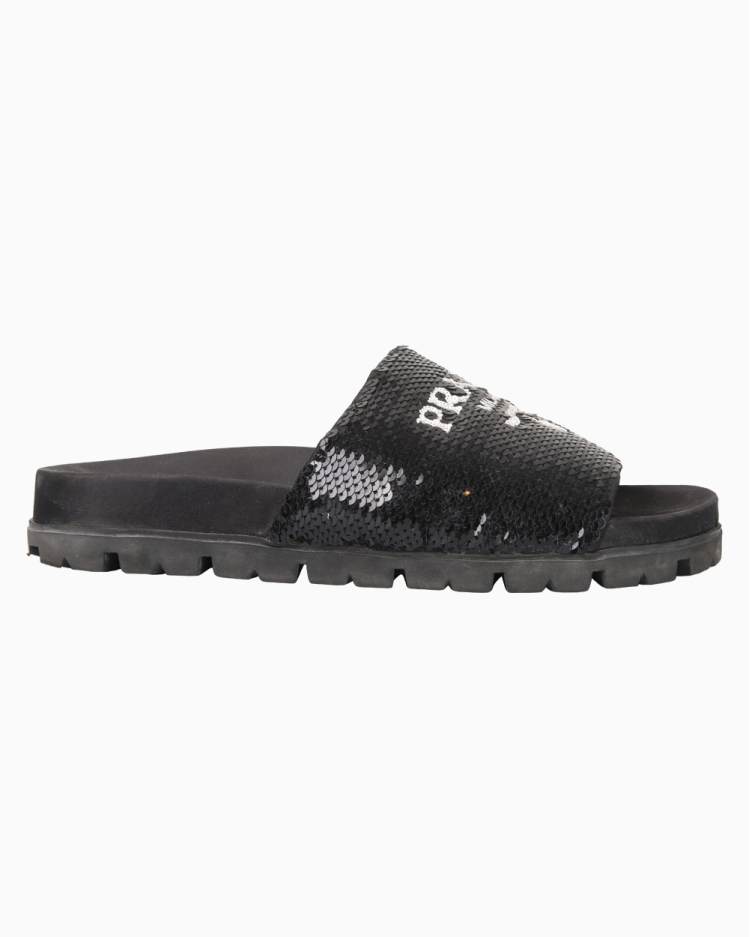 Slide Prada Original Paillettes Sequin Logo Preto Feminino