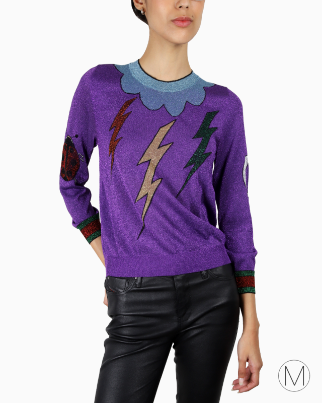 Suéter Gucci Original Tricot Fio Metálico Estampado Roxo Feminino