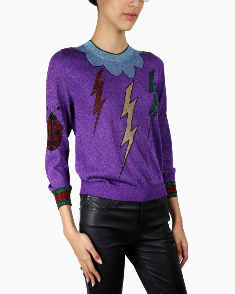 Suéter Gucci Original Tricot Fio Metálico Estampado Roxo Feminino