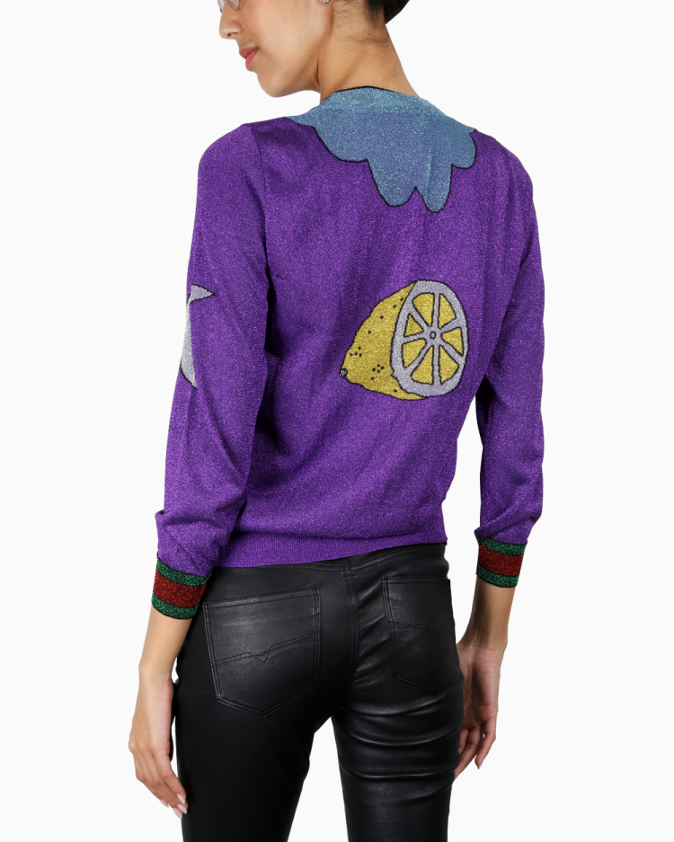 Suéter Gucci Original Tricot Fio Metálico Estampado Roxo Feminino