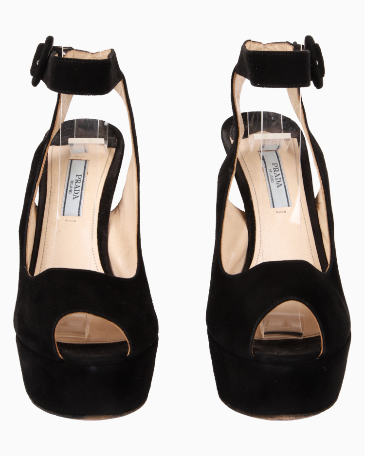 Sapato Prada Original Peep Toe Camurça Platform Preto Feminino